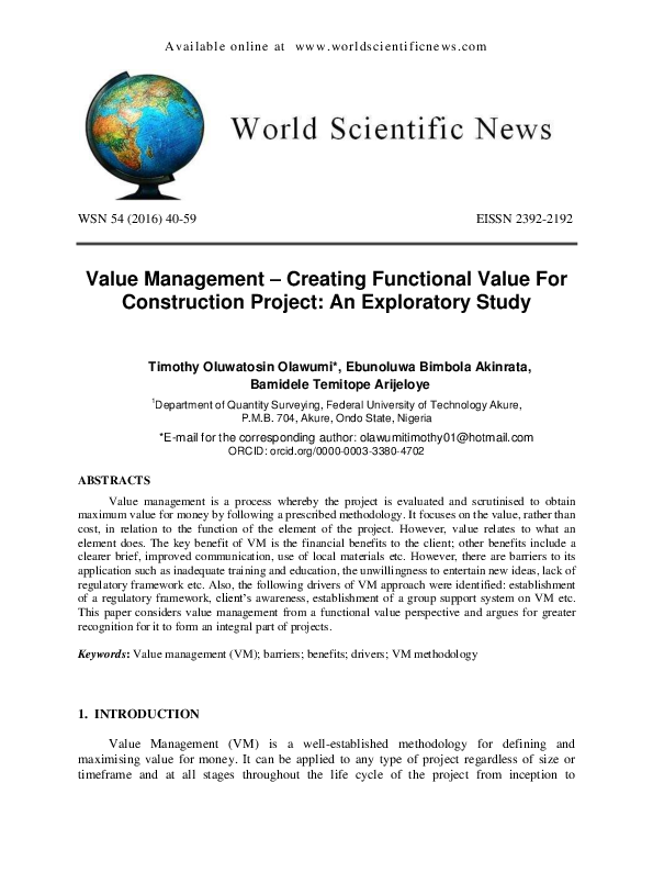 (PDF) Value Management – Creating Functional Value For Construction ...