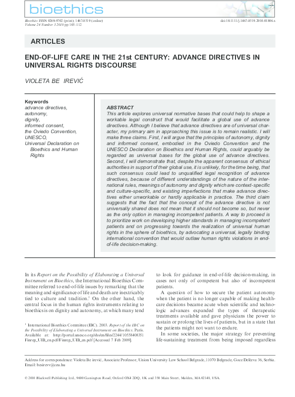 (PDF) END‐OF‐LIFE CARE IN THE 21st CENTURY: ADVANCE DIRECTIVES IN ...