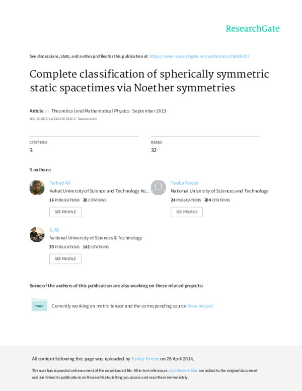 Pdf Complete Classification Of Spherically Symmetric Static Spacetimes Via Noether Symmetries