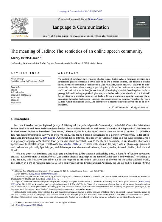 (PDF) The meaning of Ladino: The semiotics of an online speech community