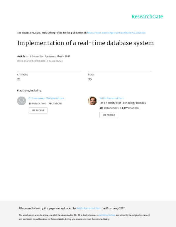 Pdf Implementation Of A Real Time Database System Chinnamanur Muthukrishnan Krithi 