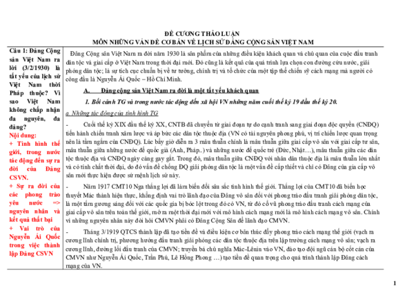 (DOC) Đ C NG TH O LU N Câu 1: Đ ng C ng Vi t Nam th i Pháp thu c? Vì sao Vi t Nam không nguyên ...