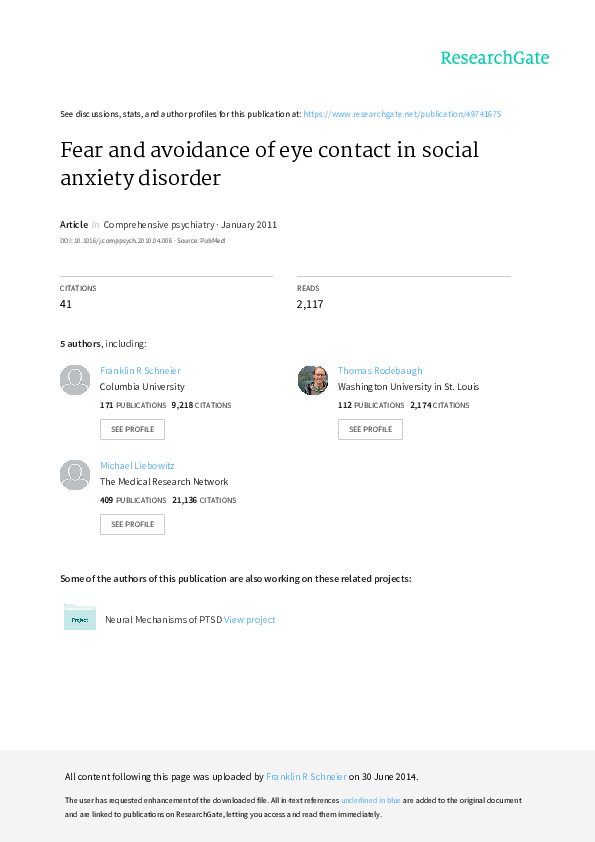 (PDF) Fear and avoidance of eye contact in social anxiety disorder