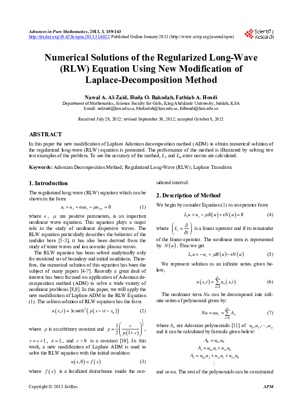 (PDF) Numerical Solutions of the Regularized Long-Wave (RLW) Equation Using New Modification of ...