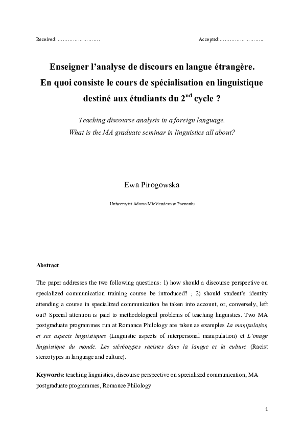 (PDF) Enseigner l’analyse de discours en langue étrangère. En quoi ...