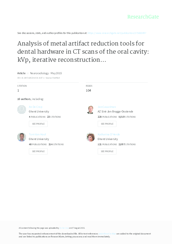 Pdf Analysis Of Metal Artifact Reduction Tools For Dental Hardware In Ct Scans Of The Oral