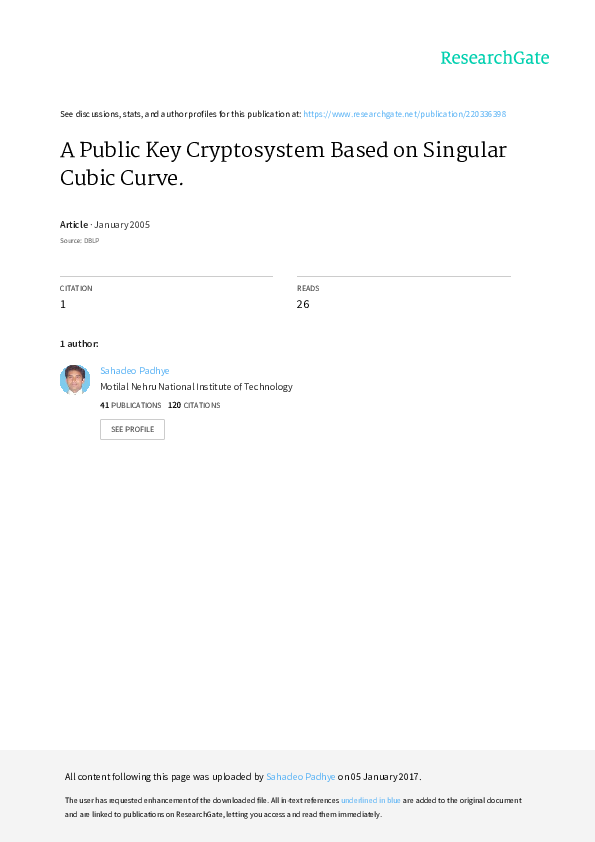 (PDF) A public key cryptosystem based on singular cubic curve