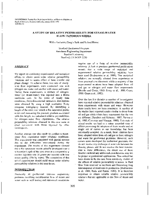 (PDF) A study of relative permeability for steam-water flow in porous media