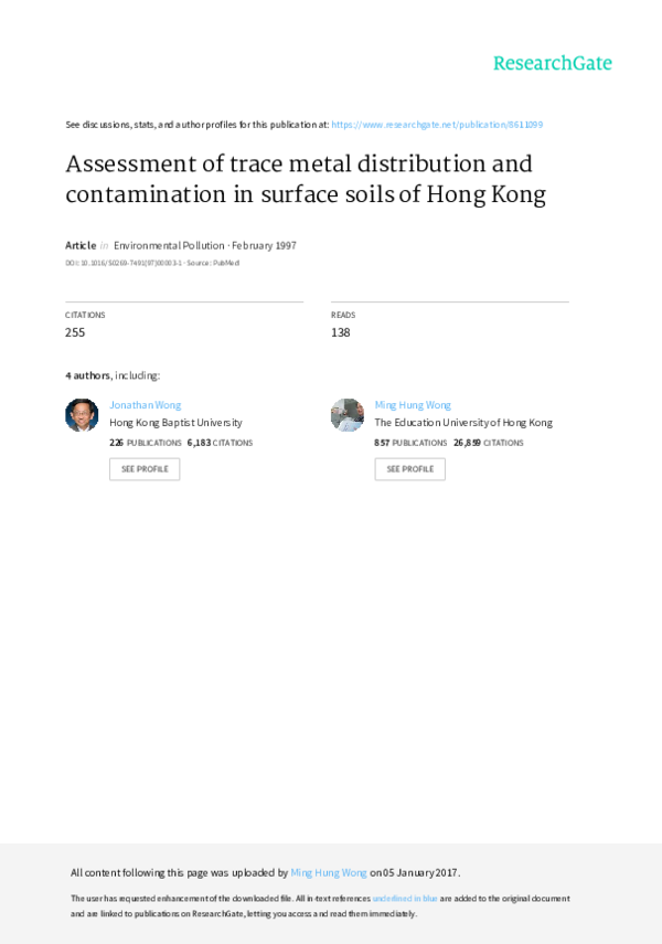 (PDF) Assessment of trace metal distribution and contamination in surface soils of Hong Kong