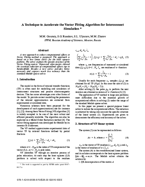 Pdf A Technique To Accelerate The Vector Fitting Algorithm For Interconnect Simulation