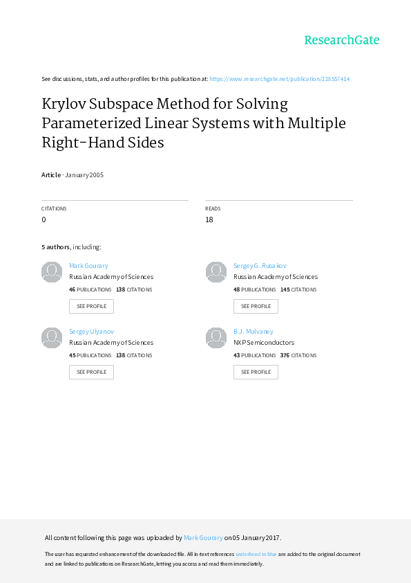 Pdf Krylov Subspace Method For Solving Parameterized Linear Systems With Multiple Right Hand Sides