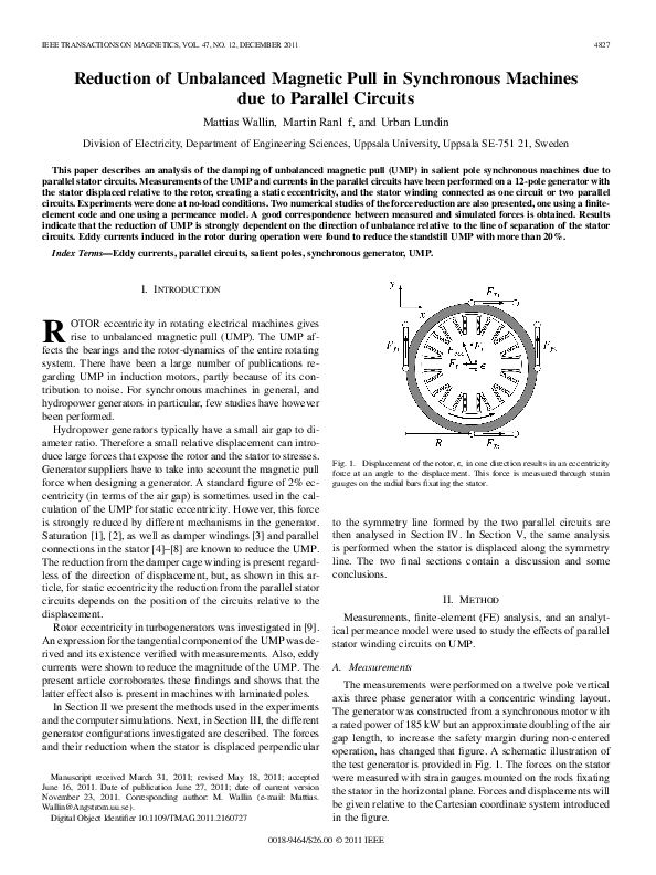 Pdf Reduction Of Unbalanced Magnetic Pull In Synchronous Machines Due To Parallel Circuits