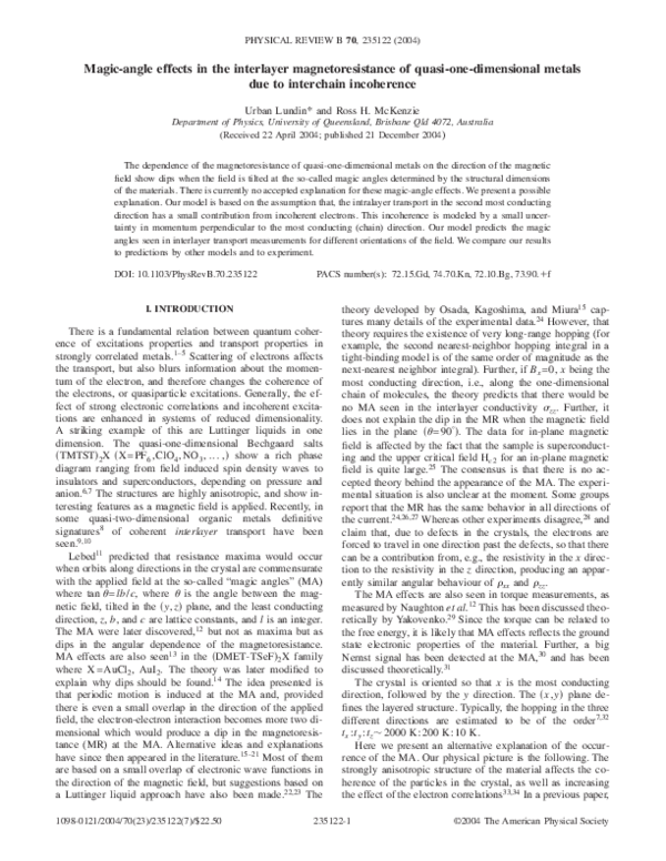 (PDF) Magic-angle effects in the interlayer magnetoresistance of quasi-one-dimensional metals ...
