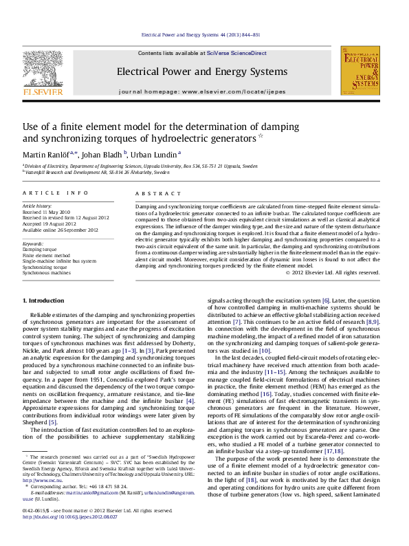 (PDF) Use of a finite element model for the determination of damping and synchronizing torques ...