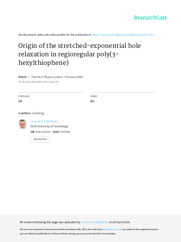 (PDF) Origin of the stretched-exponential hole relaxation in regioregular poly(3-hexylthiophene)