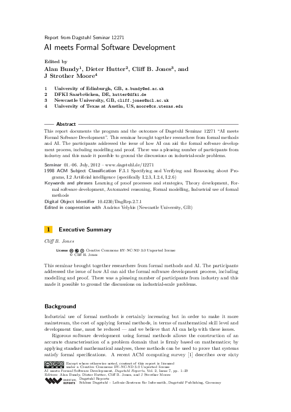 (PDF) AI meets Formal Software Development (Dagstuhl Seminar 12271 ... (PDF) AI meets Formal Software Development (Dagstuhl Seminar 12271 ...