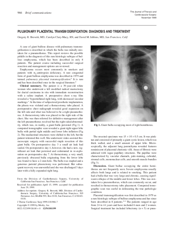 (PDF) Pulmonary placental transmogrification: Diagnosis and treatment
