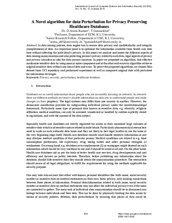 (PDF) A Novel algorithm for data Perturbation for Privacy Preserving Healthcare Databases