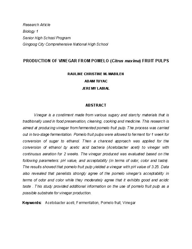 (DOC) PRODUCTION OF VINEGAR FROM POMELO (Citrus maxima) FRUIT PULPS ...