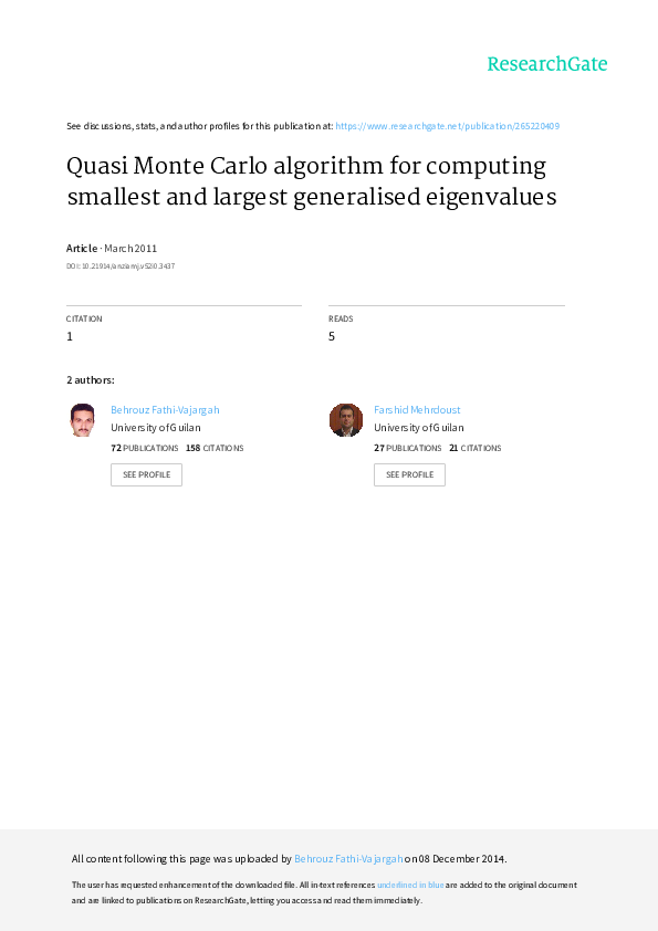 Pdf Quasi Monte Carlo Algorithm For Computing Smallest And Largest Generalised Eigenvalues