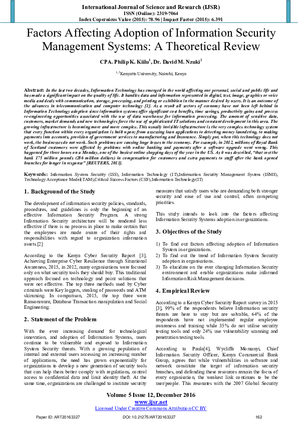 Pdf Factors Affecting Adoption Of Information Security Management Systems A Theoretical Review