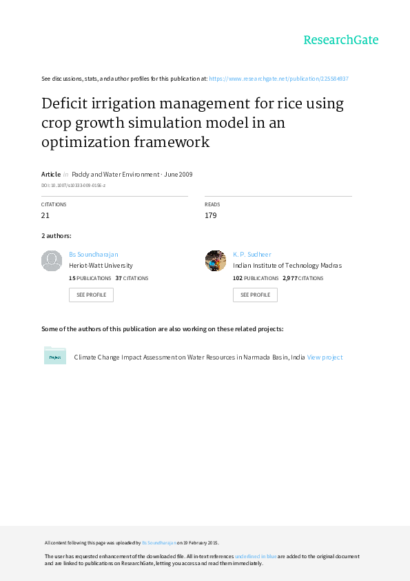 (PDF) Deficit irrigation management for rice using crop growth ...