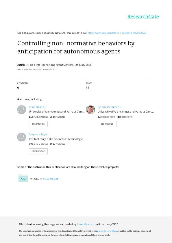 (PDF) Controlling Non-Normative Behaviors by Anticipation for Autonomous Agents