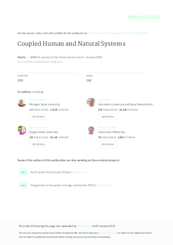 (PDF) Coupled human and natural systems