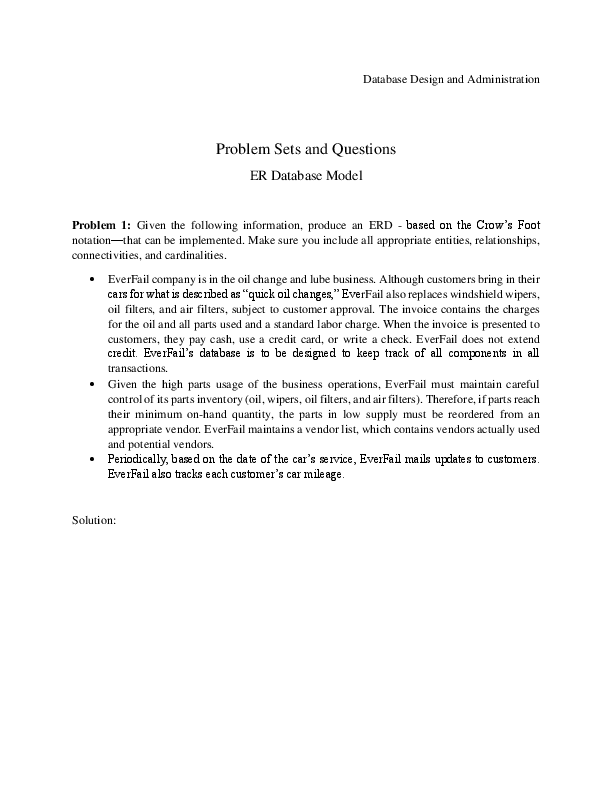 (PDF) Database Design and Administration Problem Sets and Questions ER Database Model