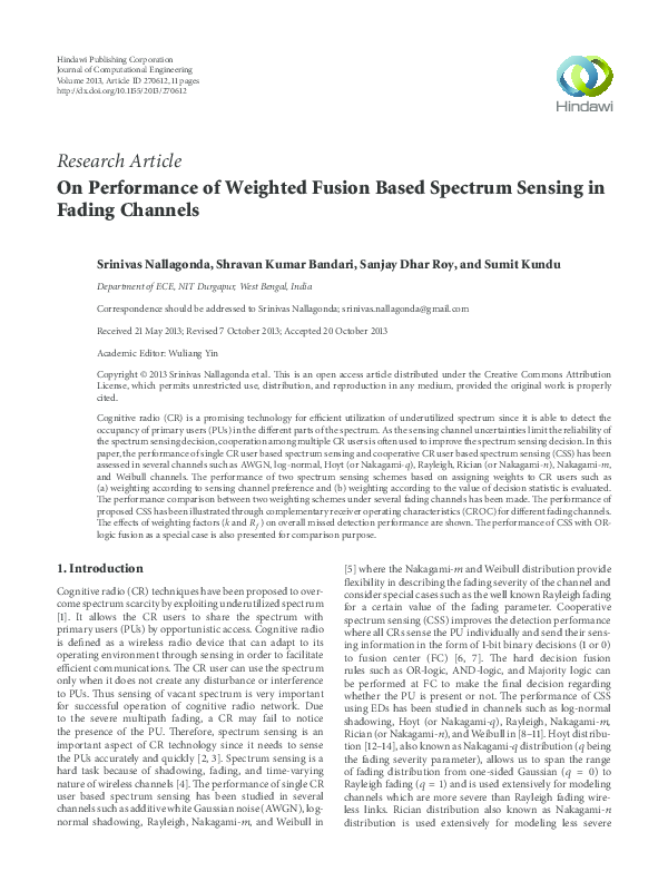 (PDF) On Performance of Weighted Fusion Based Spectrum Sensing in Fading Channels