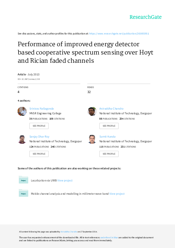 Pdf Performance Of Improved Energy Detector Based Cooperative Spectrum Sensing Over Hoyt And
