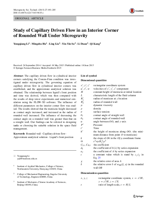 (PDF) Study of Capillary Driven Flow in an Interior Corner of Rounded Wall Under Microgravity ...