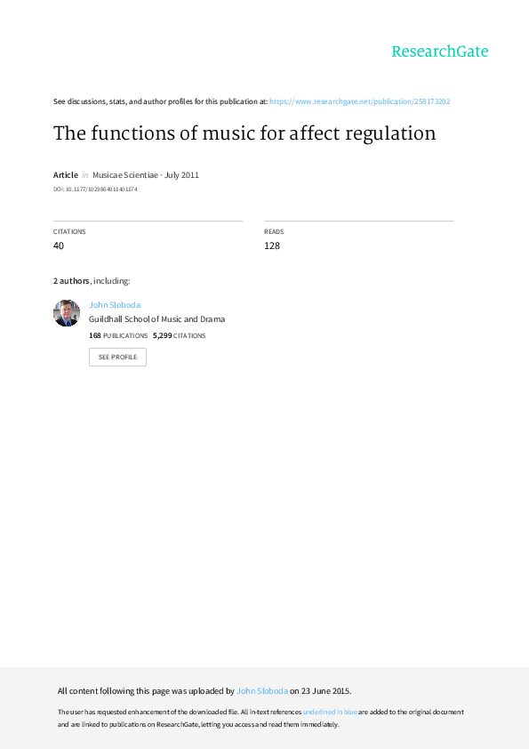 (PDF) The functions of music for affect regulation