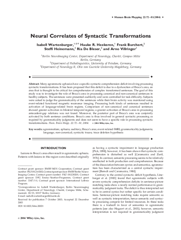 (PDF) Neural correlates of syntactic transformations