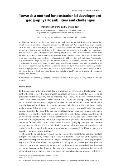 (PDF) Towards a method for postcolonial development geography? Possibilities and challenges ...