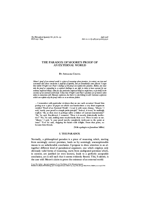 (PDF) The Paradox of Moore's Proof of an External World
