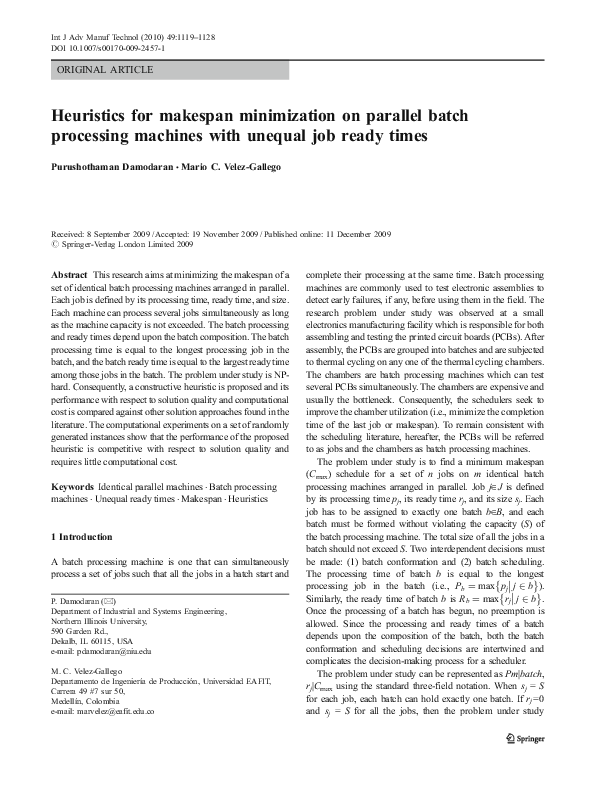 Pdf Heuristics For Makespan Minimization On Parallel Batch Processing Machines With Unequal
