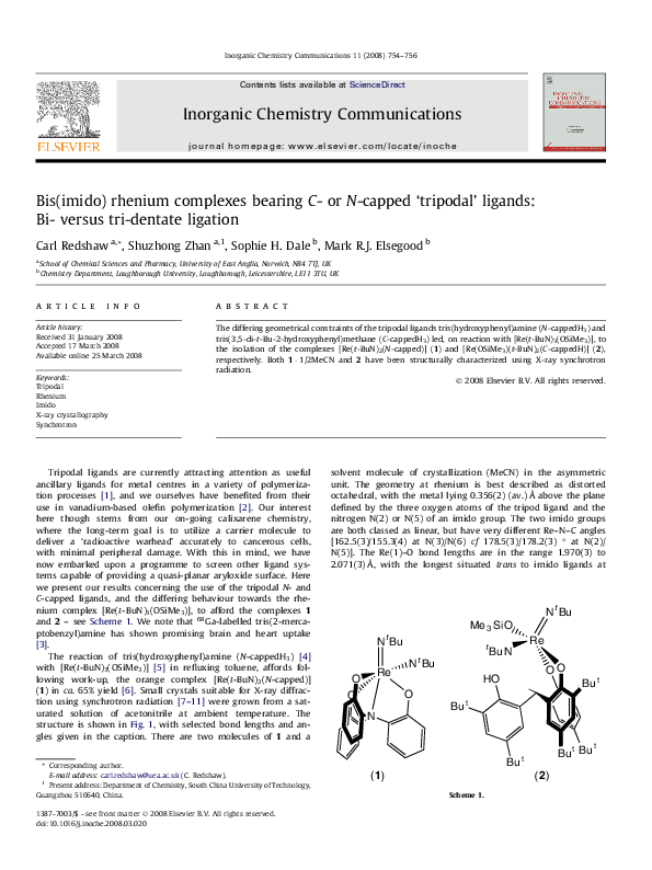 (PDF) Bis(imido) rhenium complexes bearing C- or N-capped ‘tripodal ...