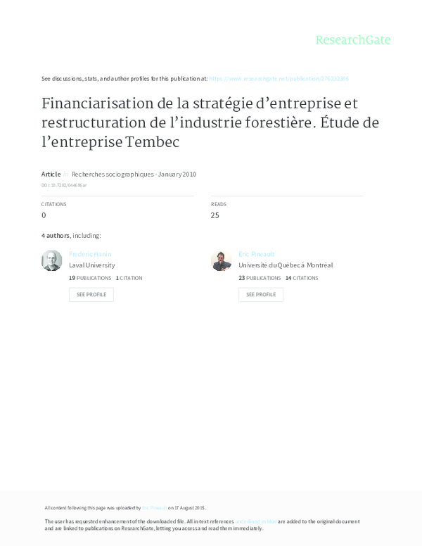 (PDF) Financiarisation de la stratégie d'entreprise et restructuration ...