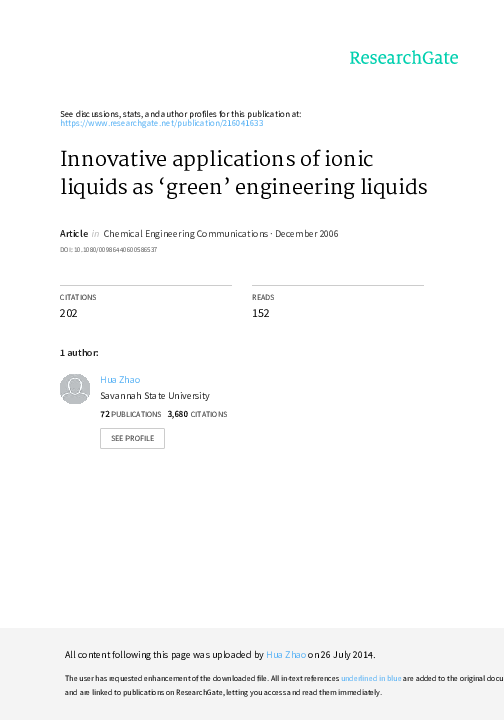 (PDF) Innovative applications of ionic liquids as green engineering liquids