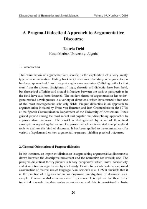 Pdf A Pragma Dialectical Approach To Argumentative Discourse