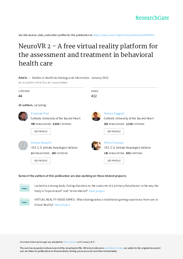 (PDF) NeuroVR 2--a free virtual reality platform for the assessment and ...