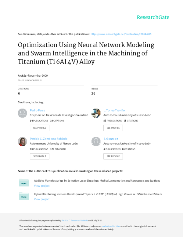 (PDF) Optimization Using Neural Network Modeling and Swarm Intelligence in the Machining of ...