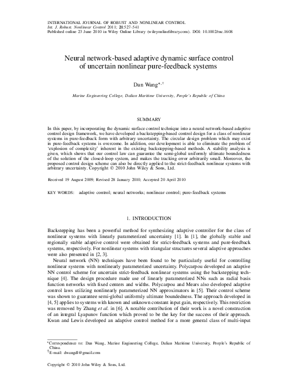 Pdf Neural Network Based Adaptive Dynamic Surface Control For A Class