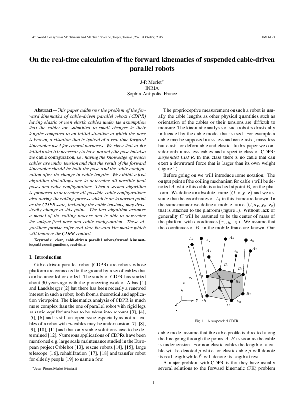 Pdf On The Real Time Calculation Of The Forward Kinematics Of Suspended Cable Driven Parallel