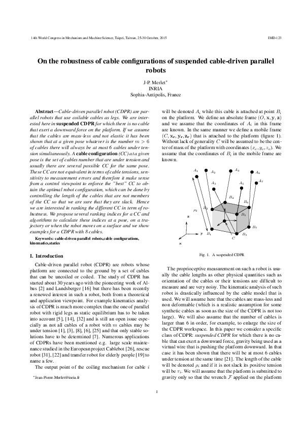 Pdf On The Robustness Of Cable Configurations Of Suspended Cable Driven Parallel Robots
