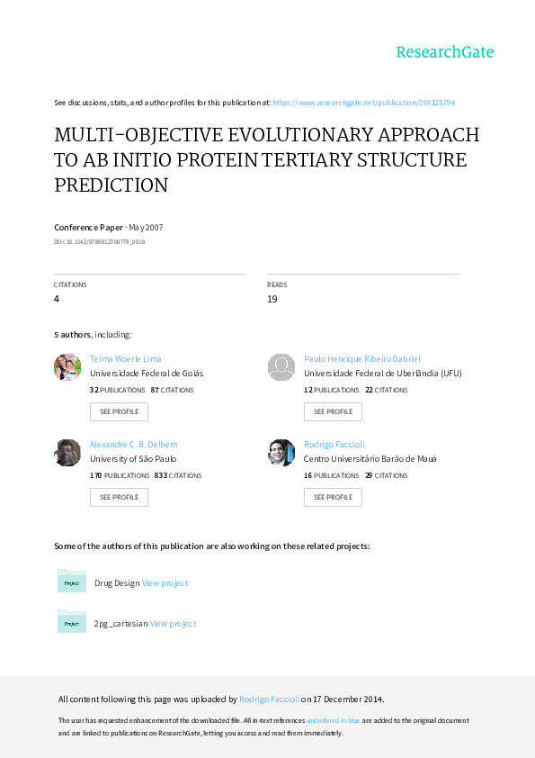 Pdf Multi Objective Evolutionary Approach To Ab Initio Protein Tertiary Structure Prediction