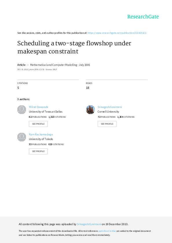 Pdf Scheduling A Two Stage Flowshop Under Makespan Constraint Srinagesh Gavirneni