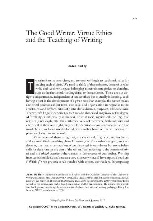 (PDF) The Good Writer: Virtue Ethics and the Teaching of Writing