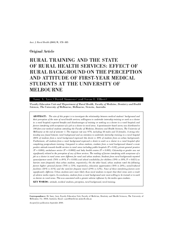 (PDF) RURAL TRAINING AND THE STATE OF RURAL HEALTH SERVICES: EFFECT OF ...